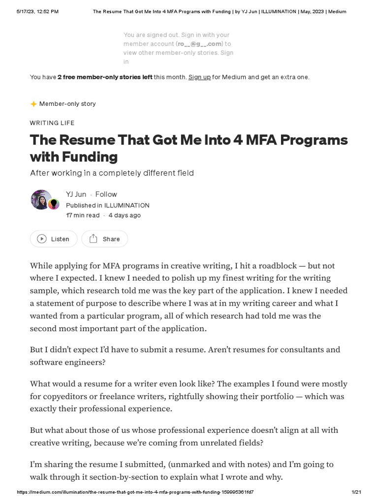 The Resume That Got Me Into 4 MFA Programs With Funding _ by YJ Jun ...