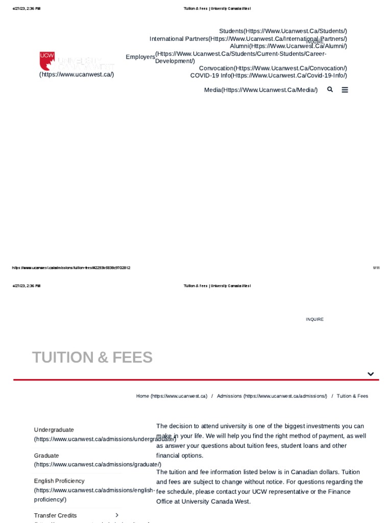 UCW MBA Tuition and Payment Details | PDF | Tuition Payments | Fee
