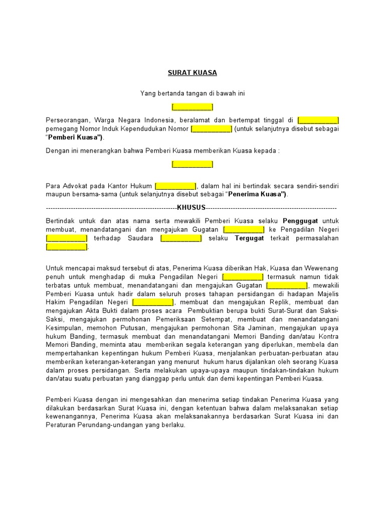 Format Surat Kuasa Gugatan (Penggugat) | PDF