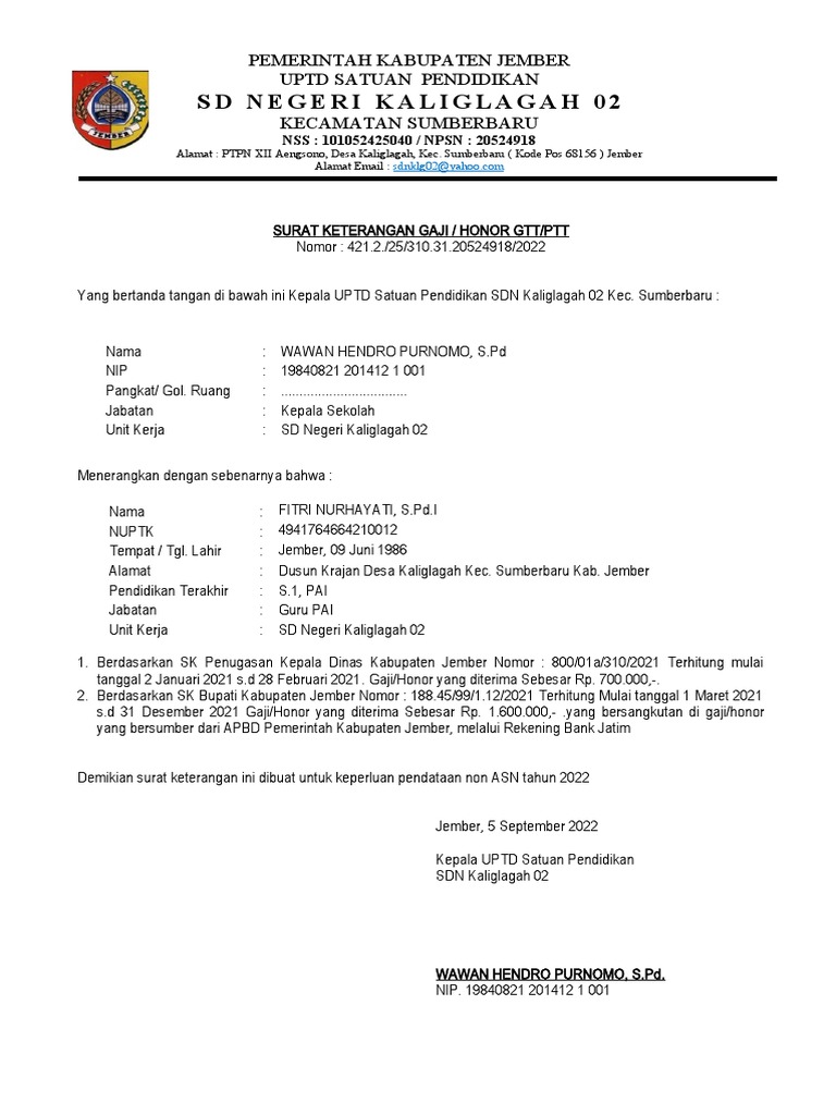 SK Ket. Kepala Sekolah SDN Kaliglagah 02 | PDF