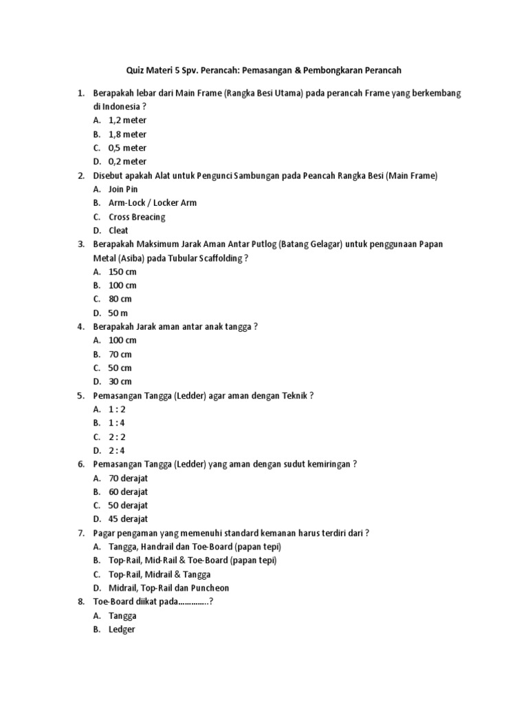 Quiz 5 Spv. Perancah (Pemasangan & Pembongkaran) | PDF