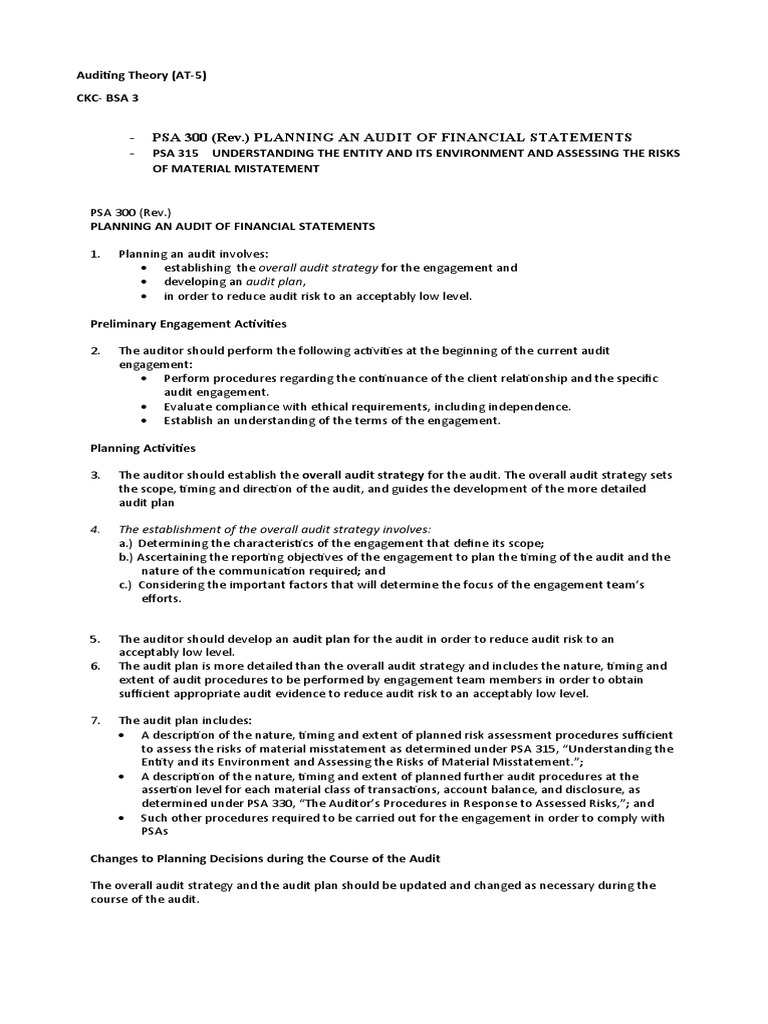 AT 05 Planning An Audit of FS and PSA 315 | PDF | Internal Control | Audit