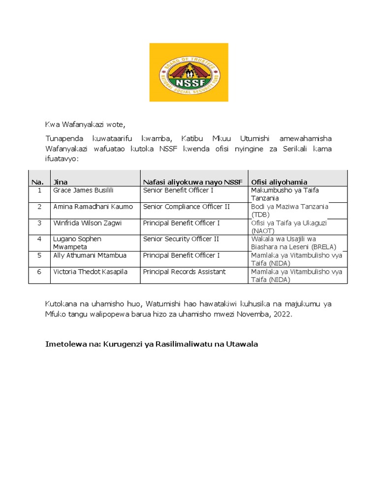 Uhamisho Wa Wafanyakazi - Dec2022 | PDF