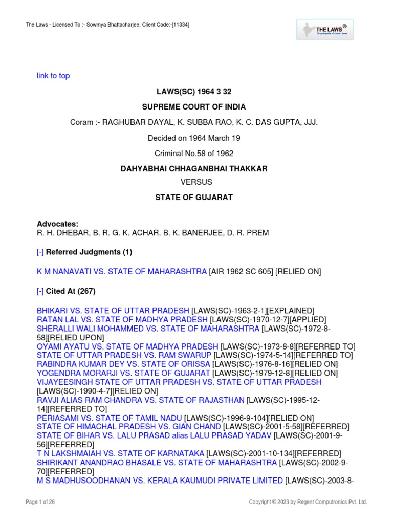 Dayabhai Chaganbhai Thakkar V State of Gujarat AIR 1964 SC 1563 | PDF ...