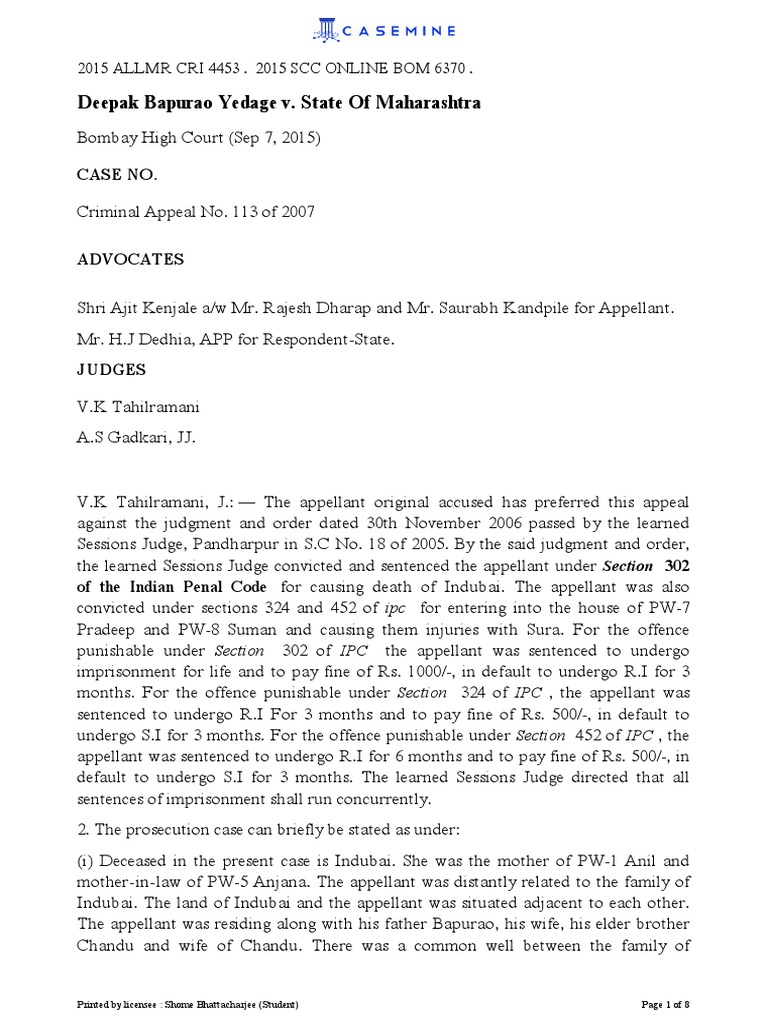 CASEMINE - Deepak Bapurao Yedage v. State of Maharashtra | PDF | Burden Of Proof (Law ...