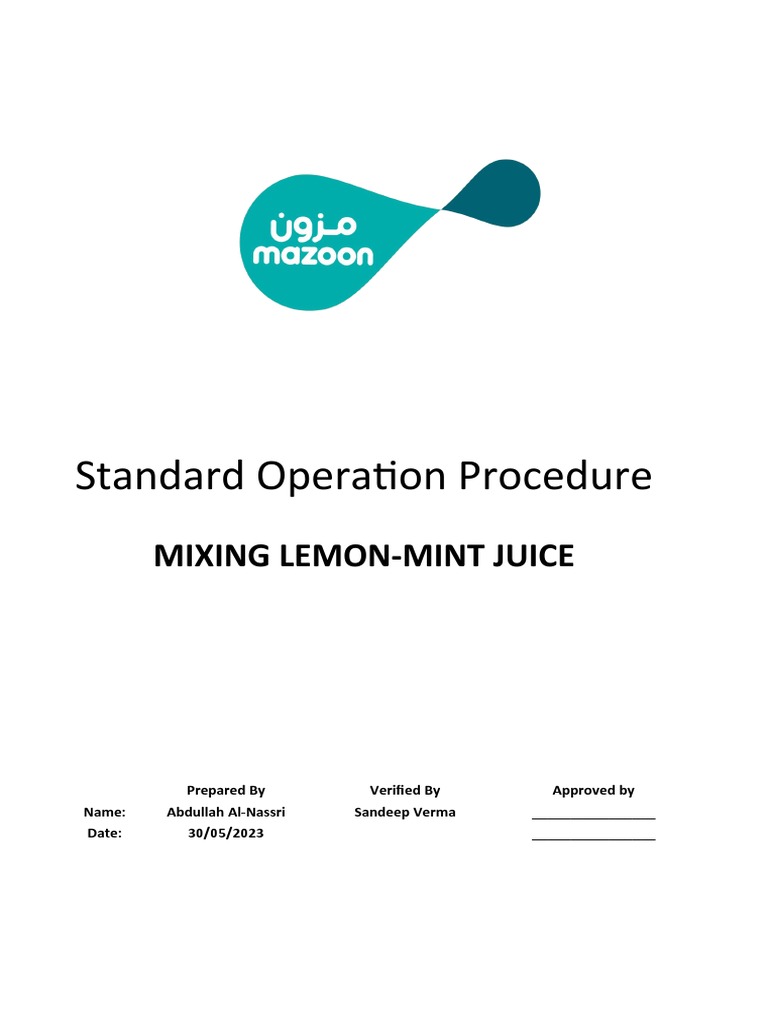 Lemon-Mint Juice Mixing SOP | PDF | Juice | Diet & Nutrition