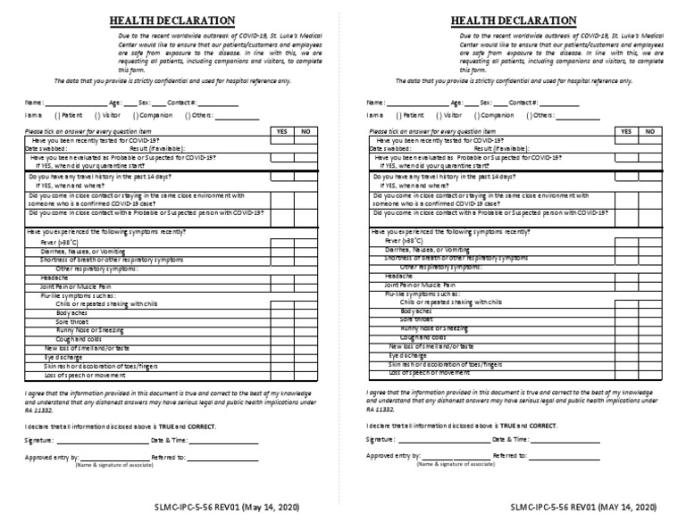 Health Declaration Form | Download Free PDF | Common Cold | Microbiology
