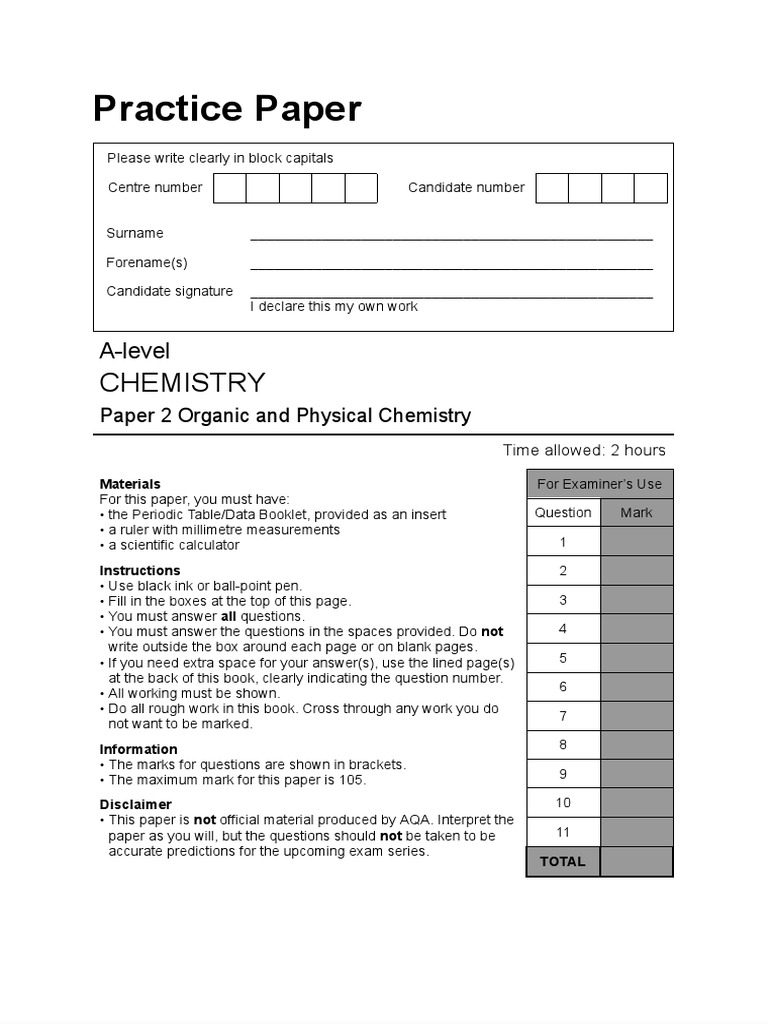 AQA a Level Chemistry Practice Paper 2 2023 - Google Docs | PDF ...