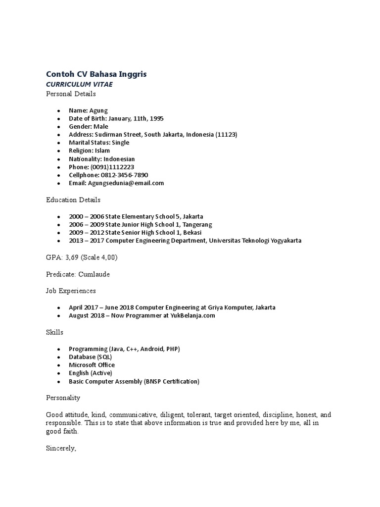 Contoh Cv Dalam Bahasa Inggris | PDF | Information Technology ...