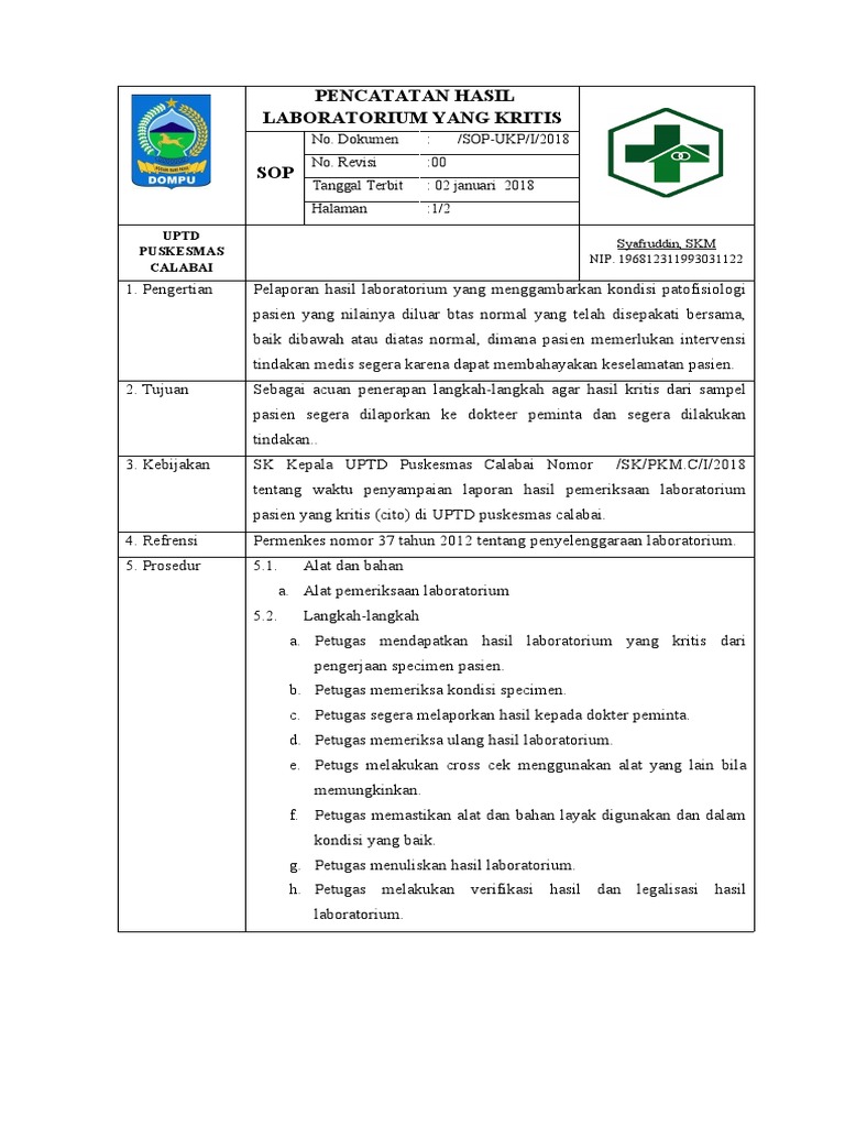 8.1.4.4 SOP PENCATATAN HASIL LABORATORIUM YANG KRITIS | PDF
