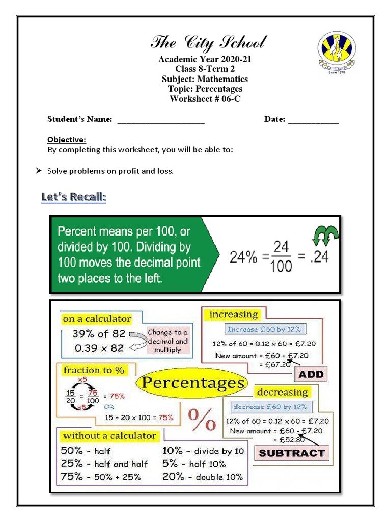 Class 8 Math Worksheet 06-C | PDF | Percentage | Profit (Economics)