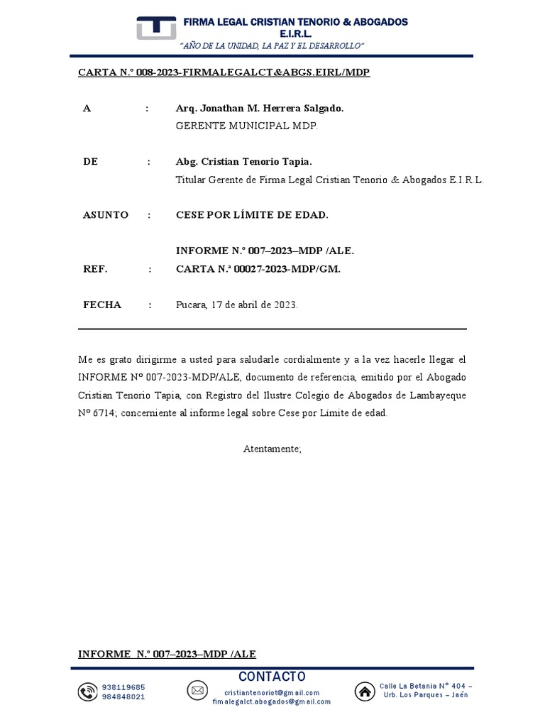 Carta 8 Informe 7 Pucará-Cese Por Limite de Edad. | PDF | Jubilación ... Carta 8 Informe 7 Pucará-Cese Por Limite de Edad. | PDF | Jubilación ...