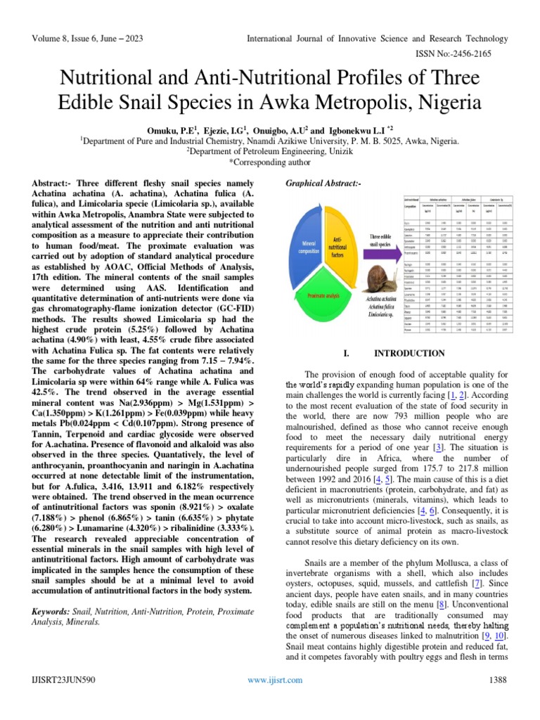 Nutritional and Anti-Nutritional Profiles of Three Edible Snail Species in Awka Metropolis ...