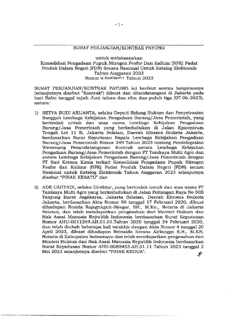 Kontrak Payung Pupuk NPK PT Tanikaya Multi Agro | PDF