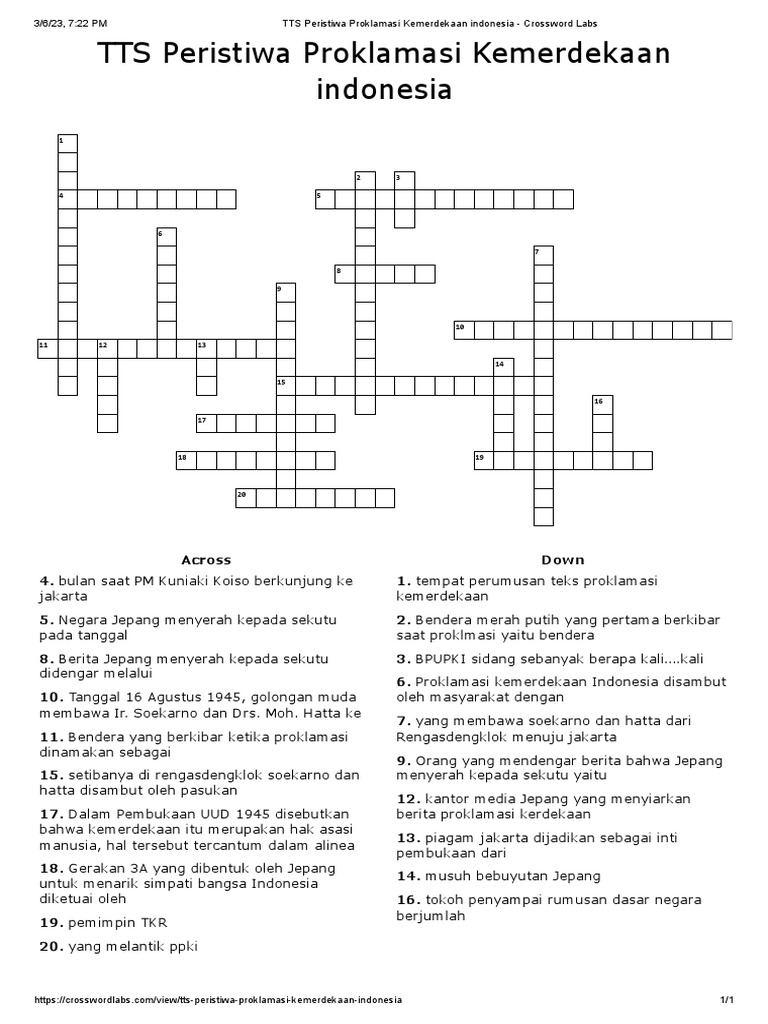 TTS Peristiwa Proklamasi Kemerdekaan Indonesia - Crossword Labs | PDF