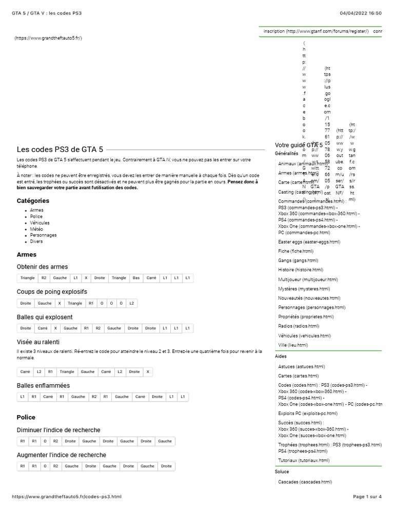 Codes GTA 5 pour PS3 | PDF | Jeux vidéo | Consoles de jeux vidéo