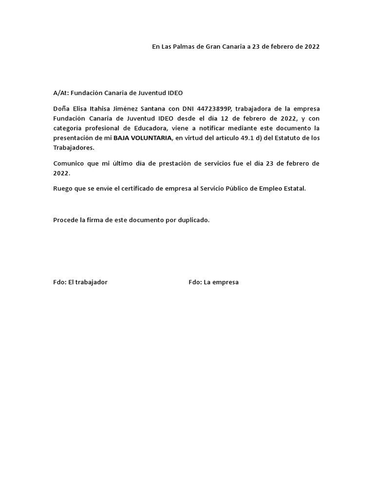 Modelo Baja Voluntaria Sin Preaviso | PDF Modelo Baja Voluntaria Sin Preaviso | PDF
