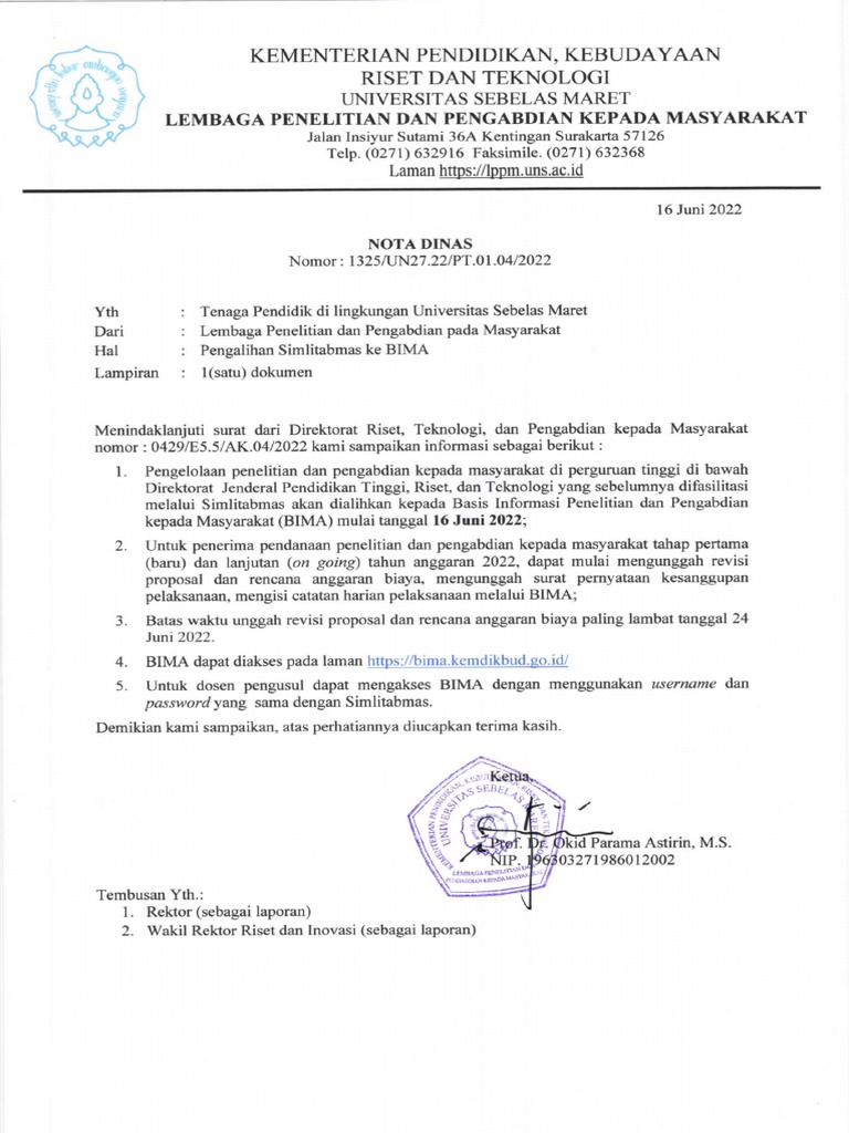 Surat No. 1325 2022 Pengalihan Simlitabmas Ke BIMA | PDF