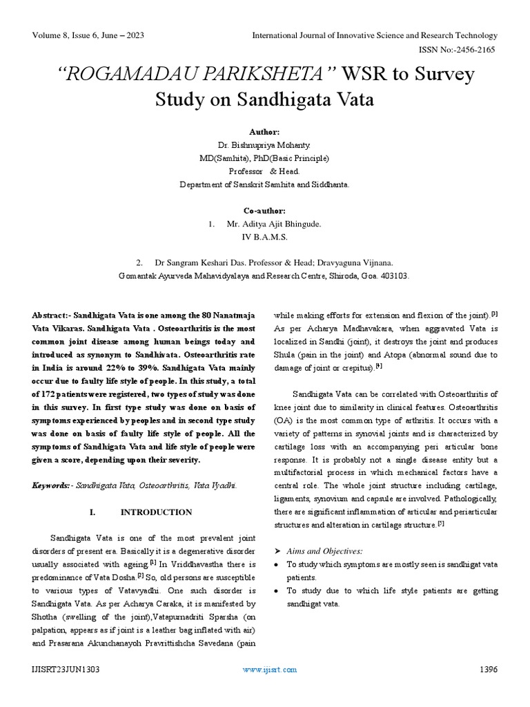 “ROGAMADAU PARIKSHETA” WSR to Survey Study on Sandhigata Vata | PDF | Osteoarthritis | Ayurveda