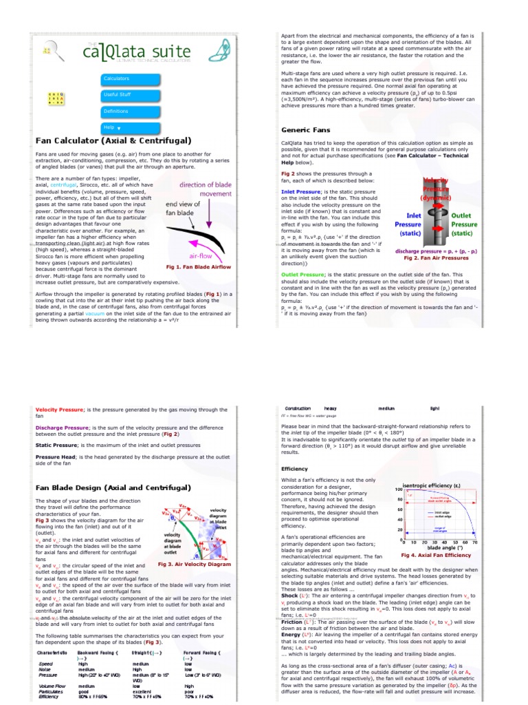 Fan Calculator (Axial & Centrifugal) - Pressure & Flow - CalQlata | PDF ...
