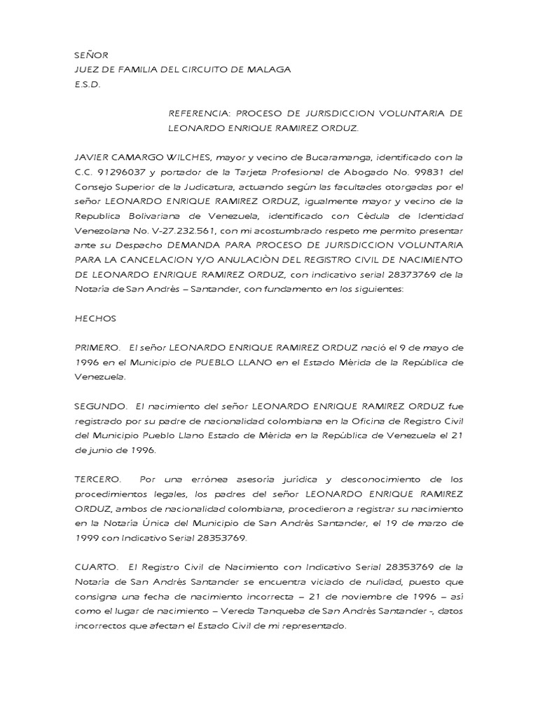 01.demanda Nulidad de Registro Civil | PDF | Anulación | Venezuela