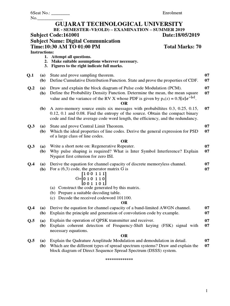 Gtu Digital Comm 2019s | PDF | Code | Modulation