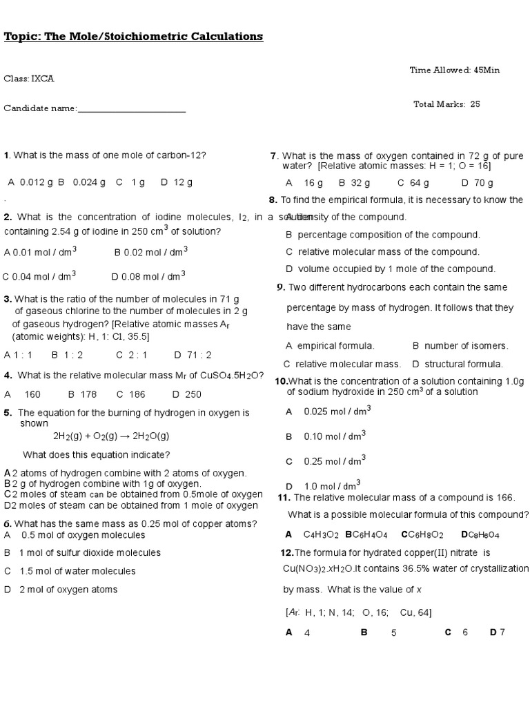 Test Moles | PDF | Mole (Unit) | Molecules