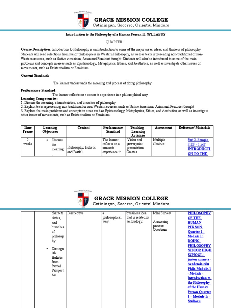Intro. Philosophy 11 Quarter 1 Syllabus | PDF | Experience | Learning