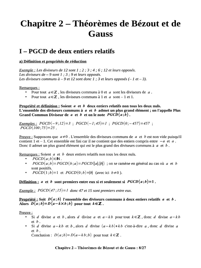 Chapitre 2 Théorème de Bézout Et Théorème de Gauss | PDF