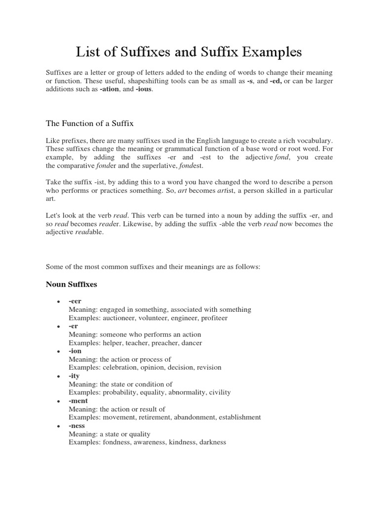 List of Suffixes and Suffix Examples | PDF | Word | Adjective