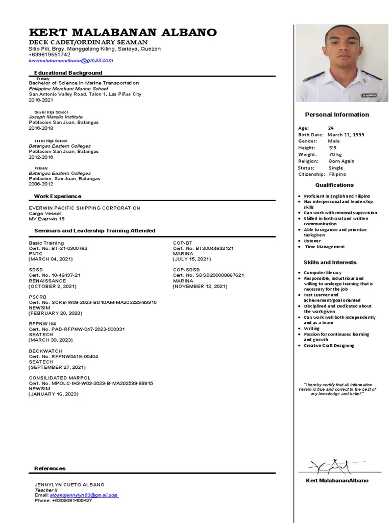 Albano, Kert M. - Resume | PDF | Behavior Modification | Cognition