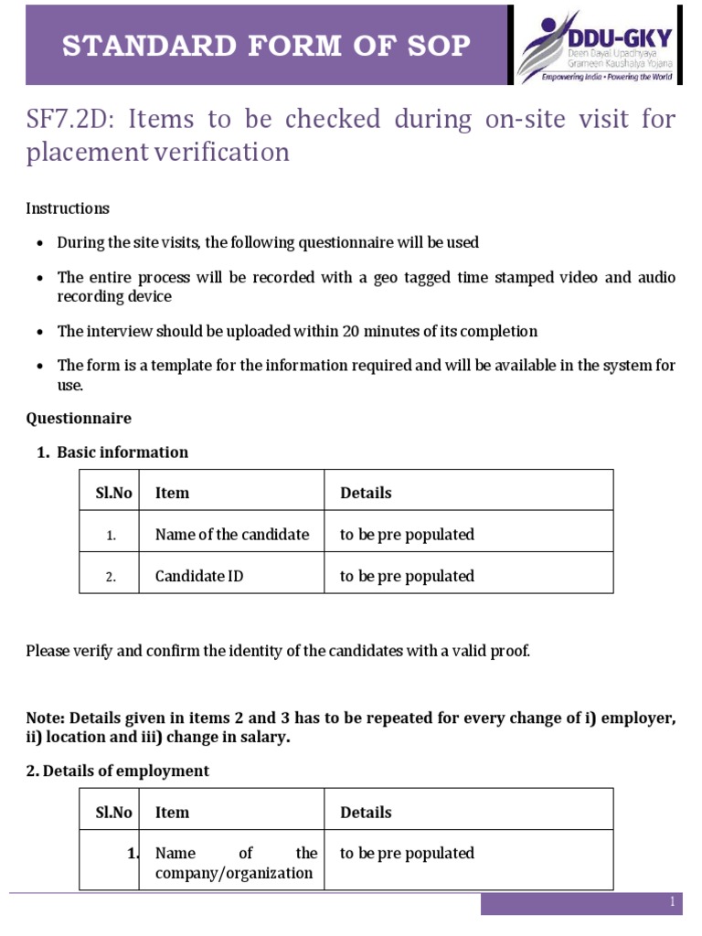 SF 7.2D Items To Be Checked During On-Site Visit For Placement ...