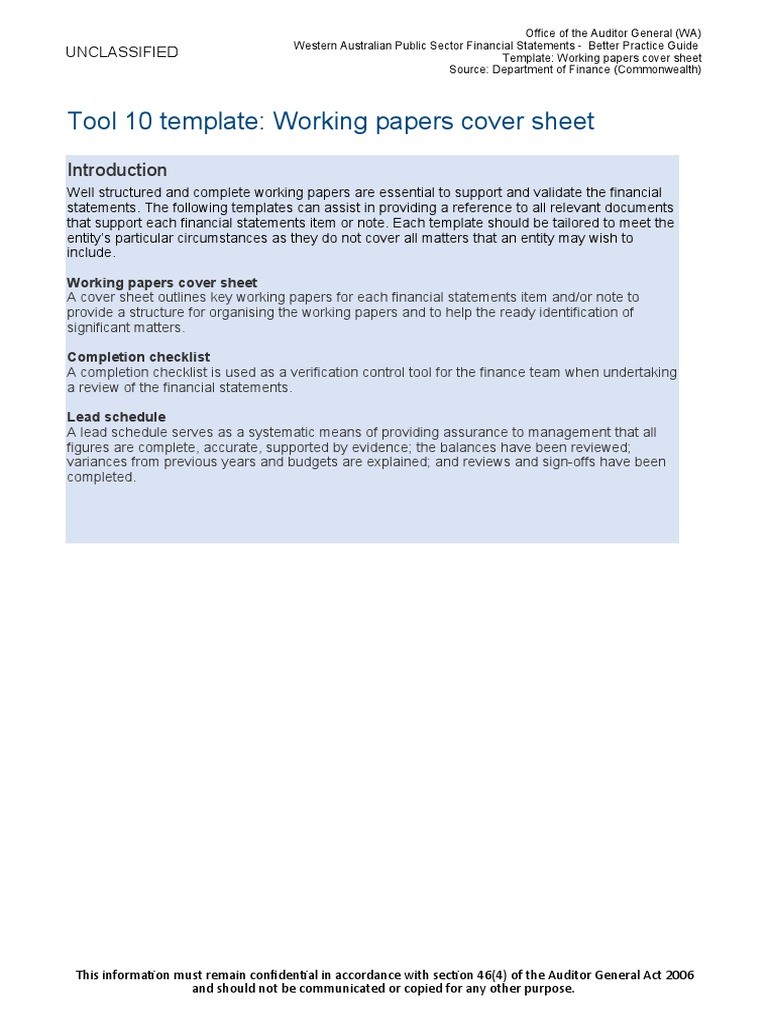 Tool 10 Template Working Papers Cover Sheet | PDF | Financial Statement ...