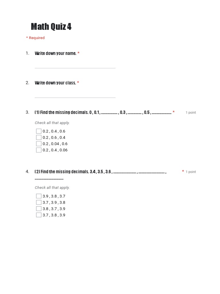 Math Quiz: Decimal and Number Ordering | PDF | Mathematics | Arithmetic