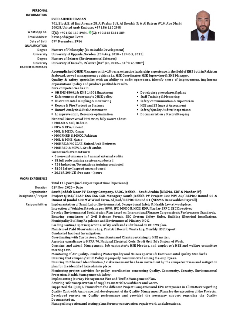 QHSE Manager Resume: Syed Ahmed Hassan | PDF | Quality Assurance ...