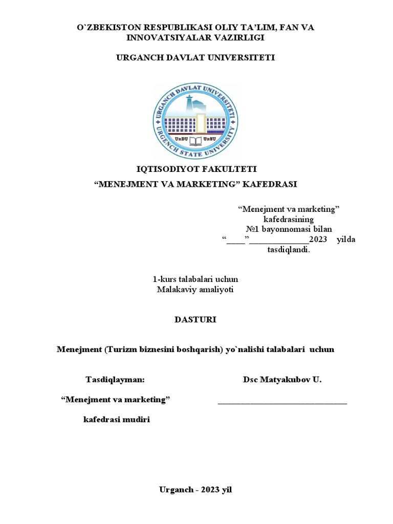 Amaliyot Dasturi 1-Kurs TBB | PDF