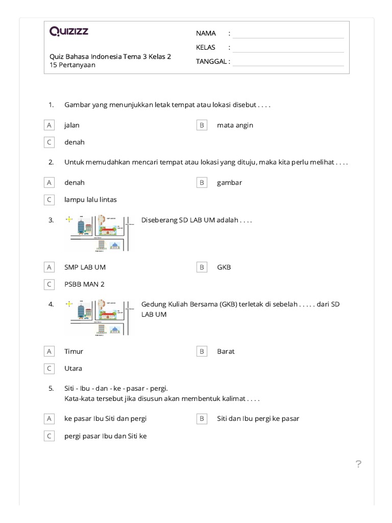 Quiz Bahasa Indonesia Tema 3 Kelas 2 | PDF