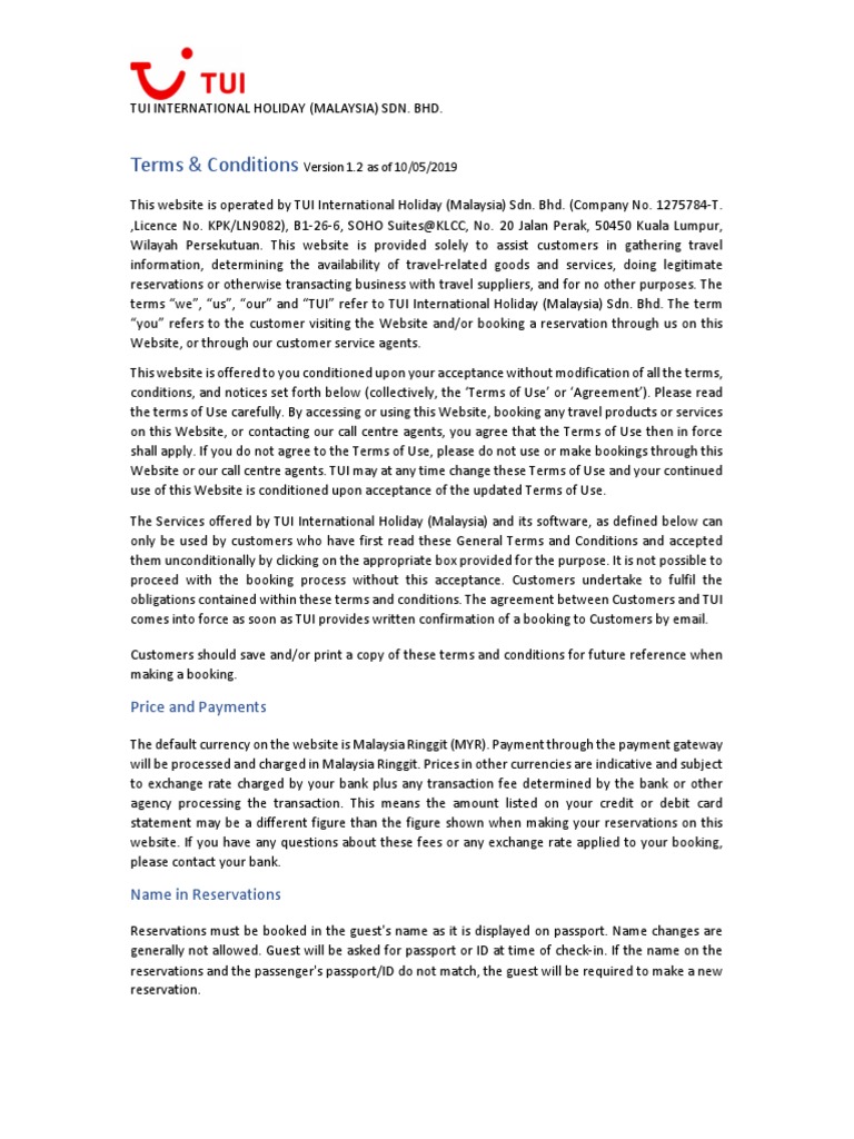 T&C MHholidays TUI Malaysia | PDF | Legal Liability