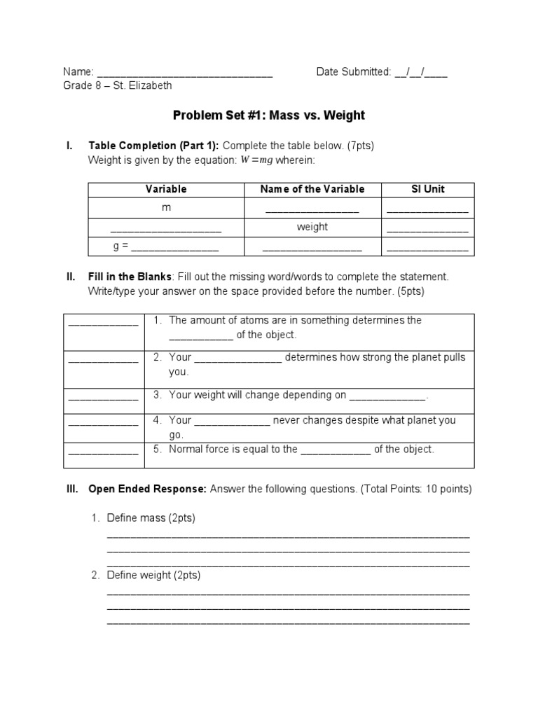 Science 8 Worksheet 1 | PDF | Weight | Mass