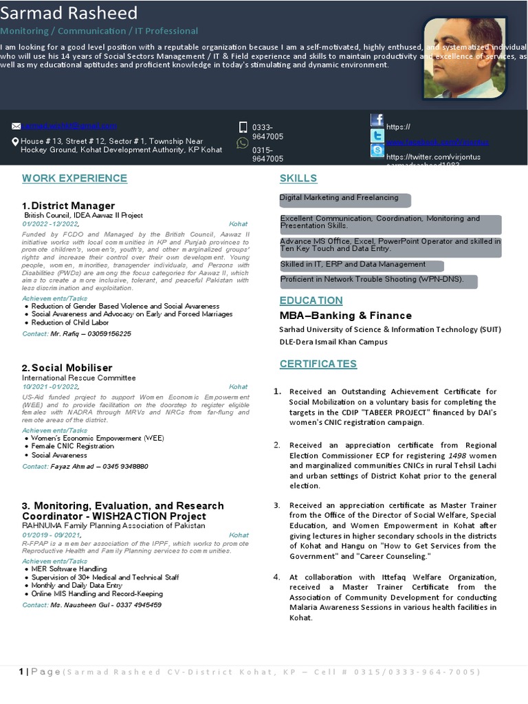 Sarmad Rasheed CV - District Kohat | PDF | Literacy | Volunteering