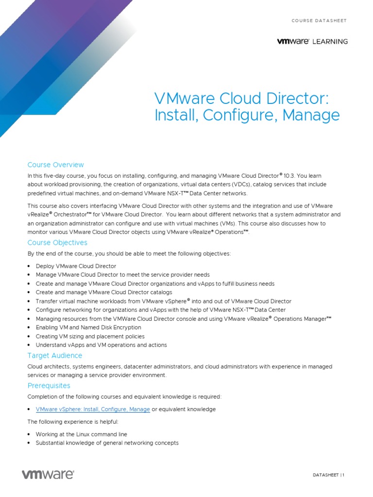 EDU - DATASHEET VMware Cloud Director Install Configure Manage v10.3 | PDF | Cloud Computing ...