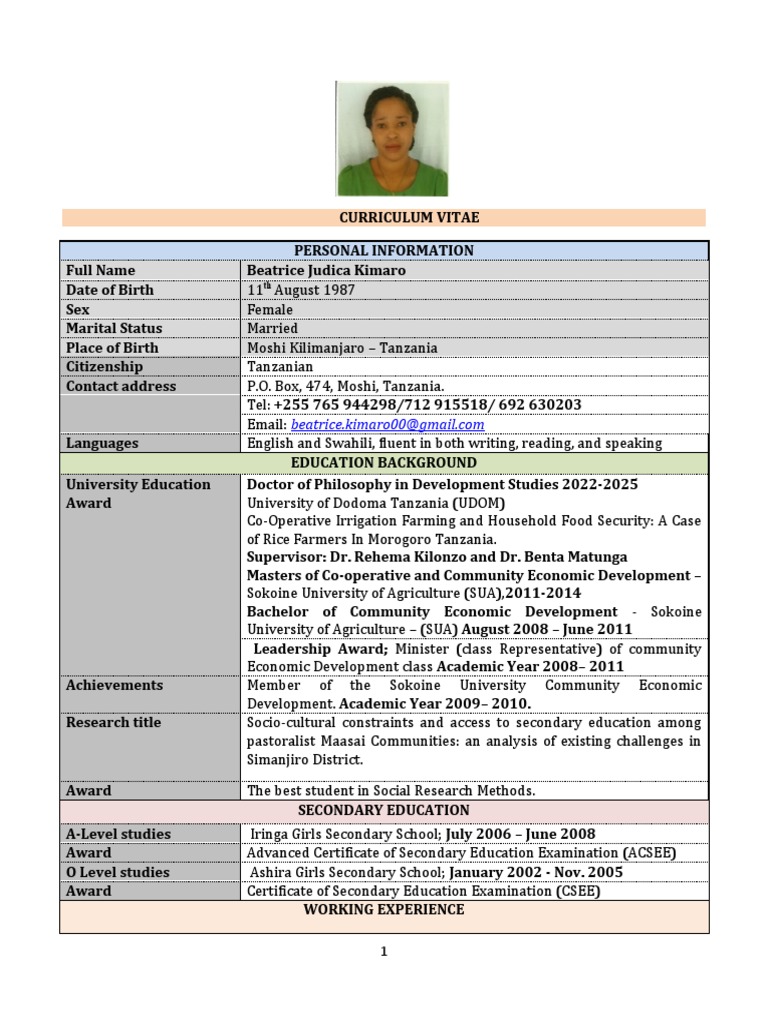 Beatrice CV | PDF | Tanzania | Cooperative