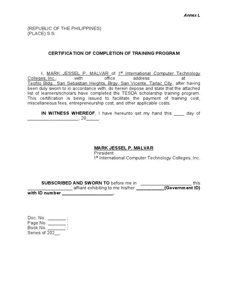 Annex L Certification of Completion of Training Program | PDF