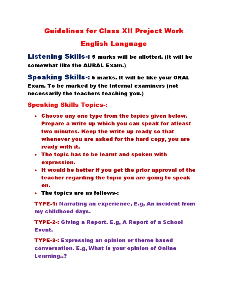 Guidelines For Class XII English Language 2023-24 Project Work | PDF ...