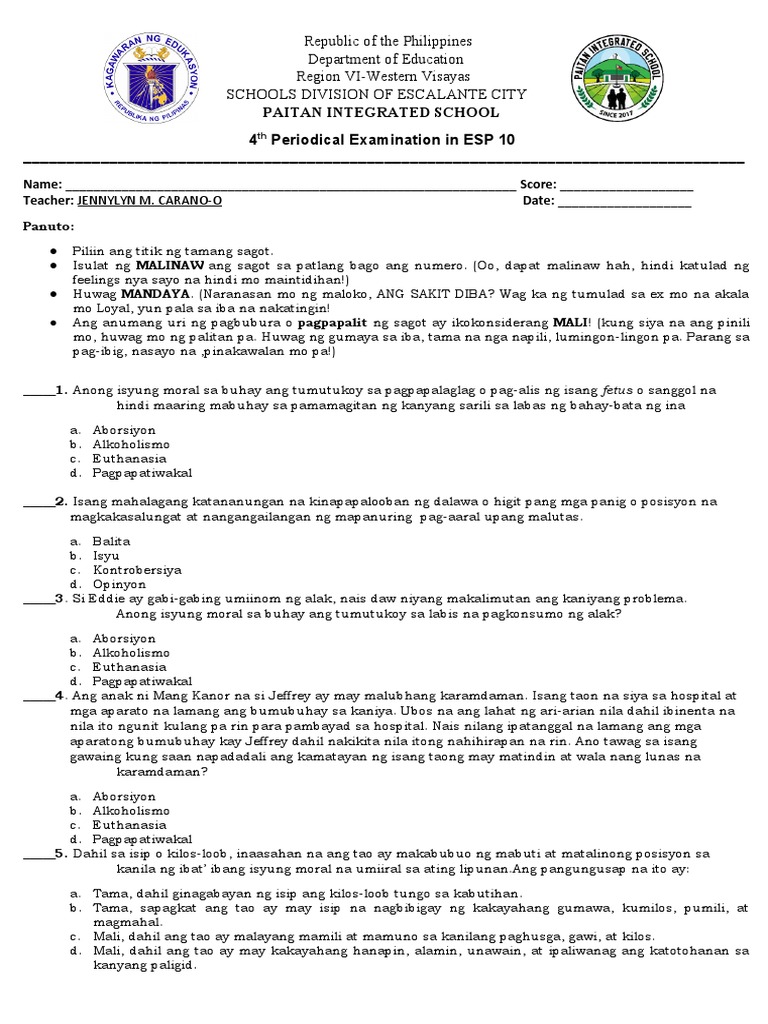 ESP 10 4TH QUARTER EXAM | PDF