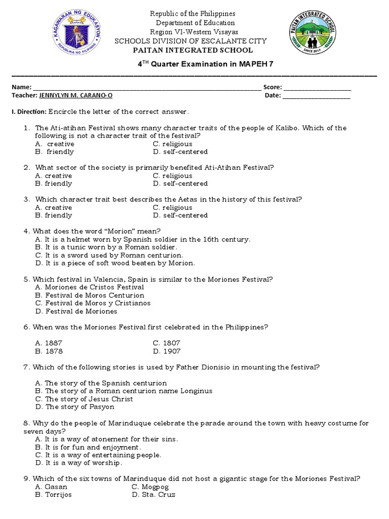 Mapeh 7 4TH Quarter Exam | PDF | Festival | Philippines