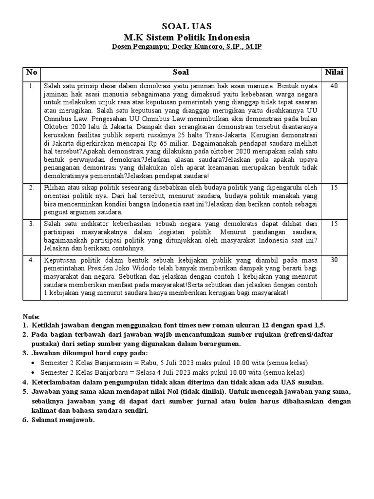 SOAL UAS Sistem Politik Indonesia | PDF