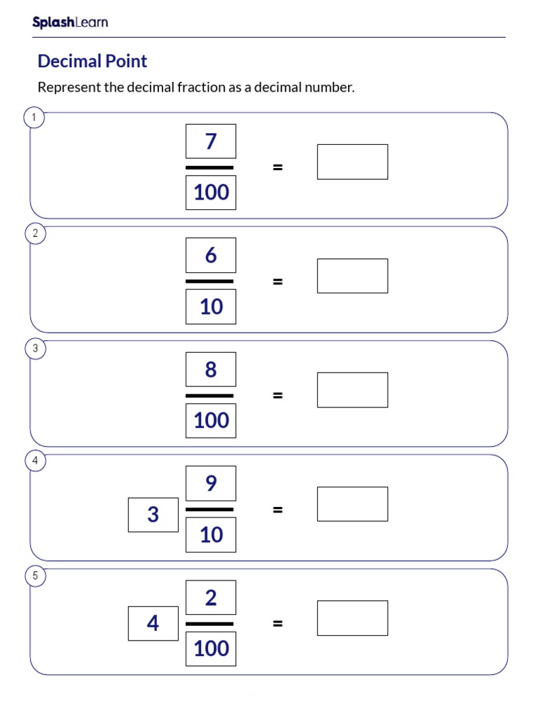 Represent Decimal Fractions as Decimal Number Worksheet | PDF