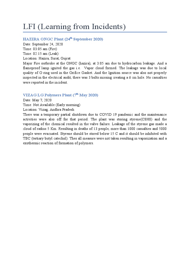LFI (Learning From Incidents) : HAZIRA ONGC Plant (24 September 2020) | PDF