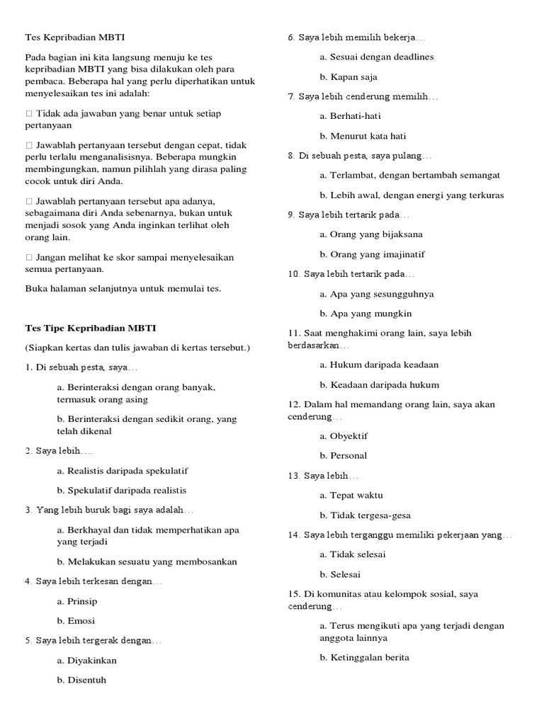 Tes MBTI: Panduan dan Pertanyaan | PDF